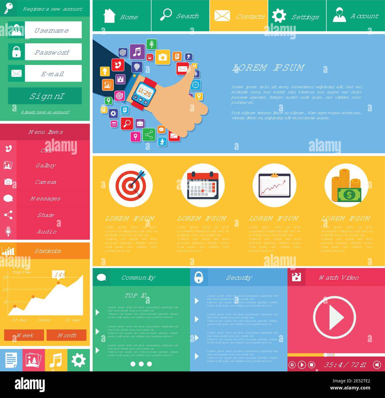 Flat website design template internet and applications layout elements ...
