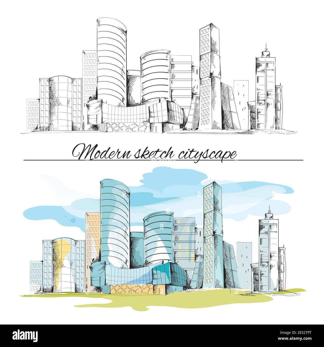 Modern urban sketch building hand drawn cityscape set vector ...