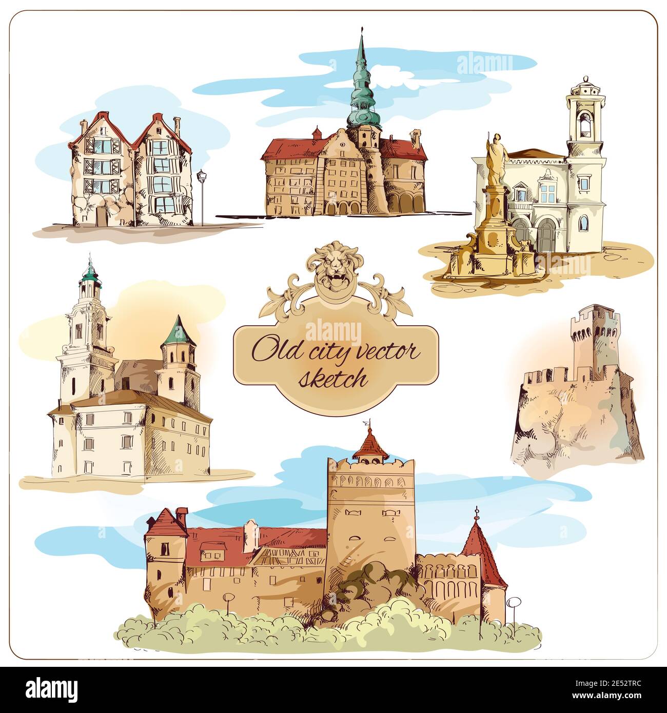 Old city buildings colored sketch decorative elements set isolated ...
