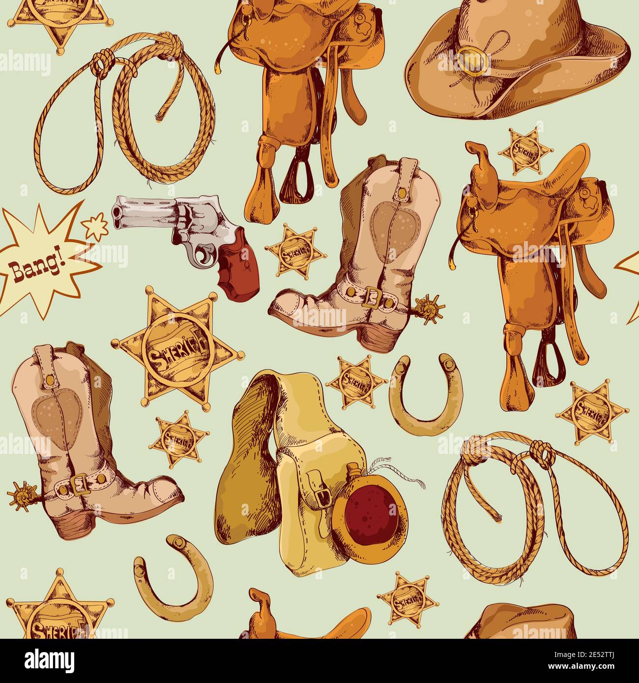 Wild west cowboy colored hand drawn seamless pattern with lasso horse ...