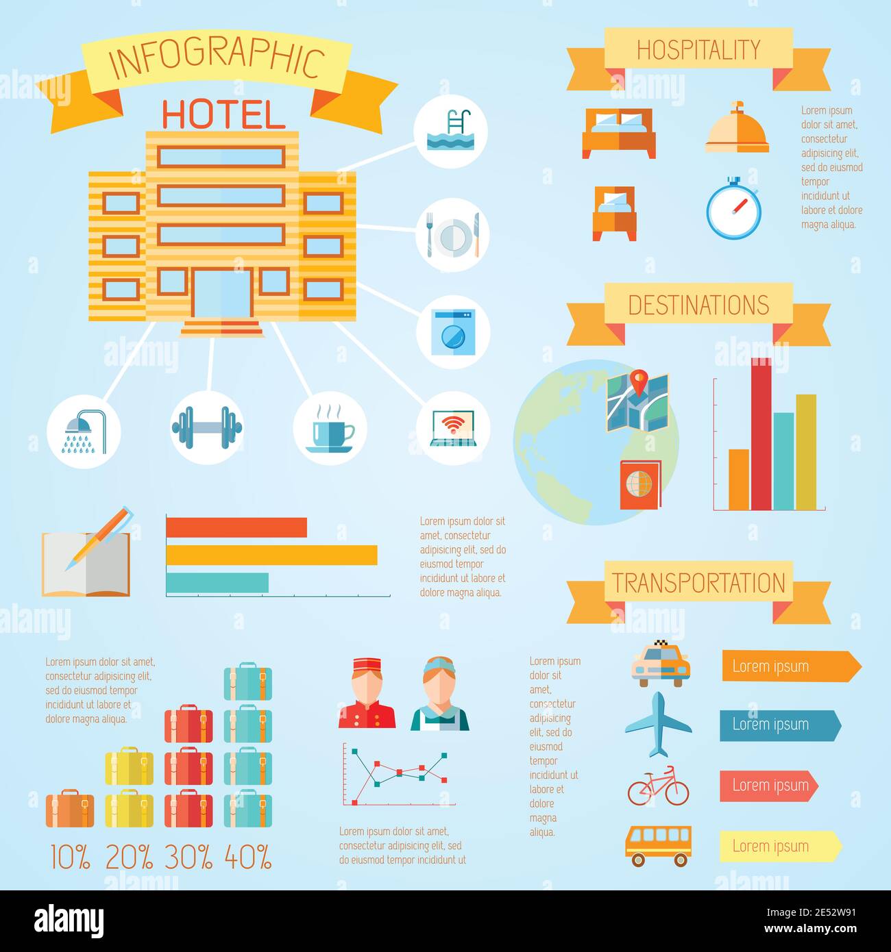 Hotel color travel tourism holiday infographics with bar charts and ...