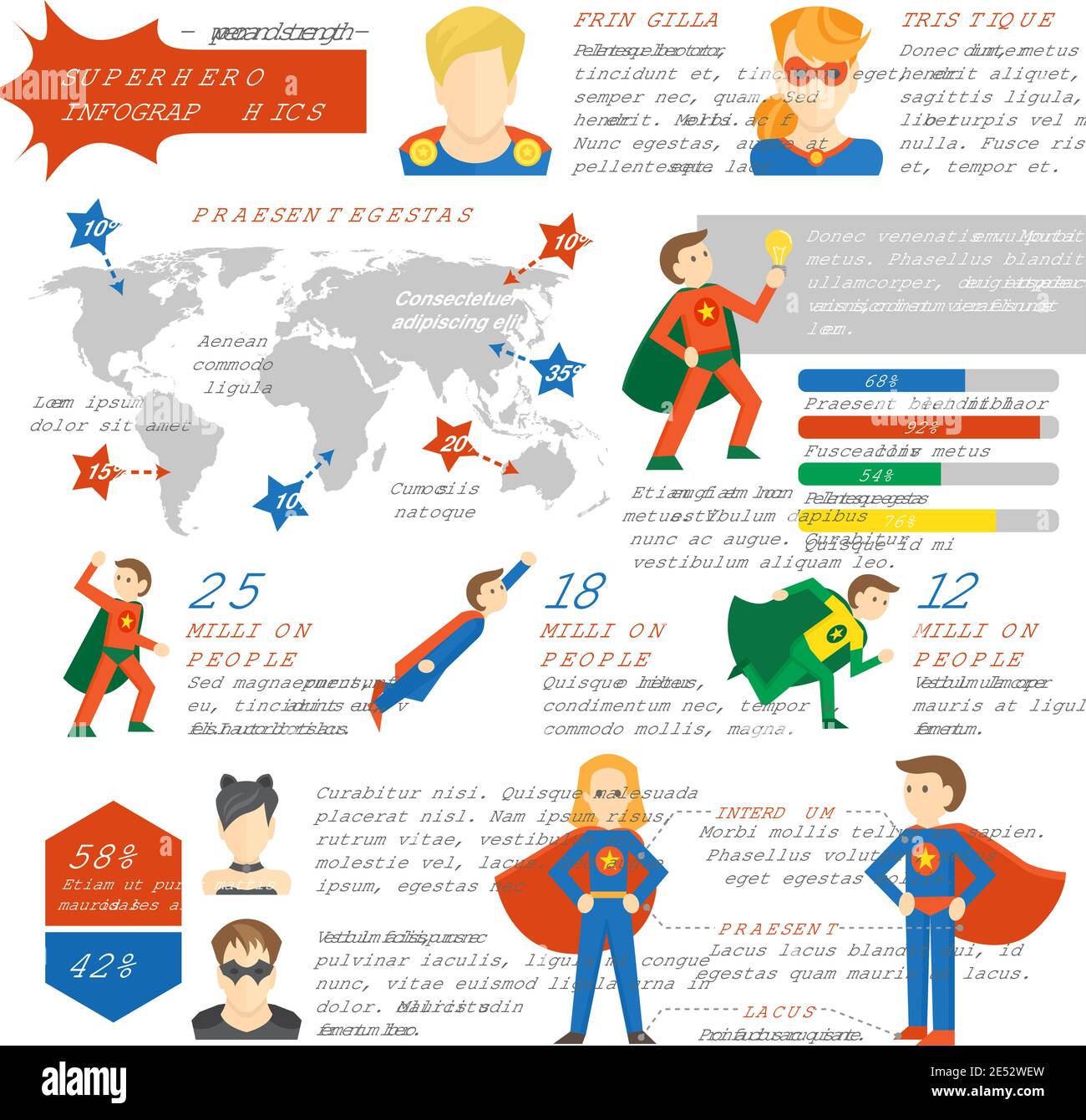 Super hero infographics with avatars in costumes and world map vector ...
