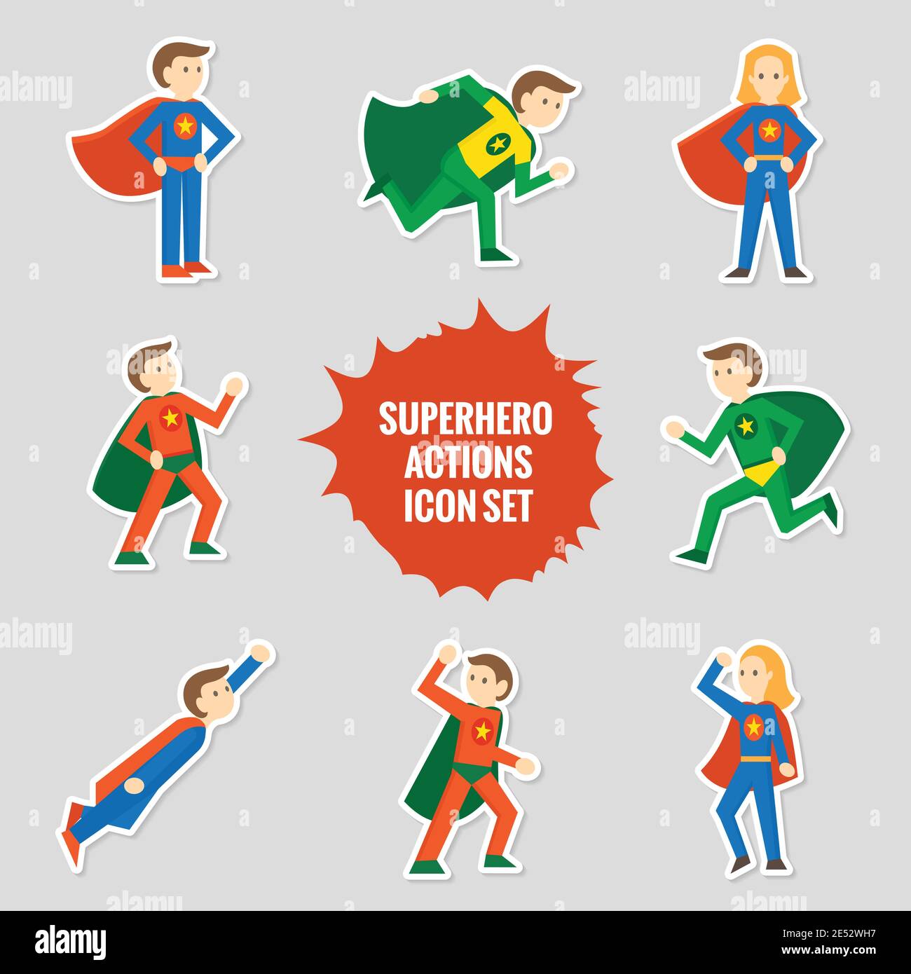 Set of comic character superheroes full body in sticker style vector ...