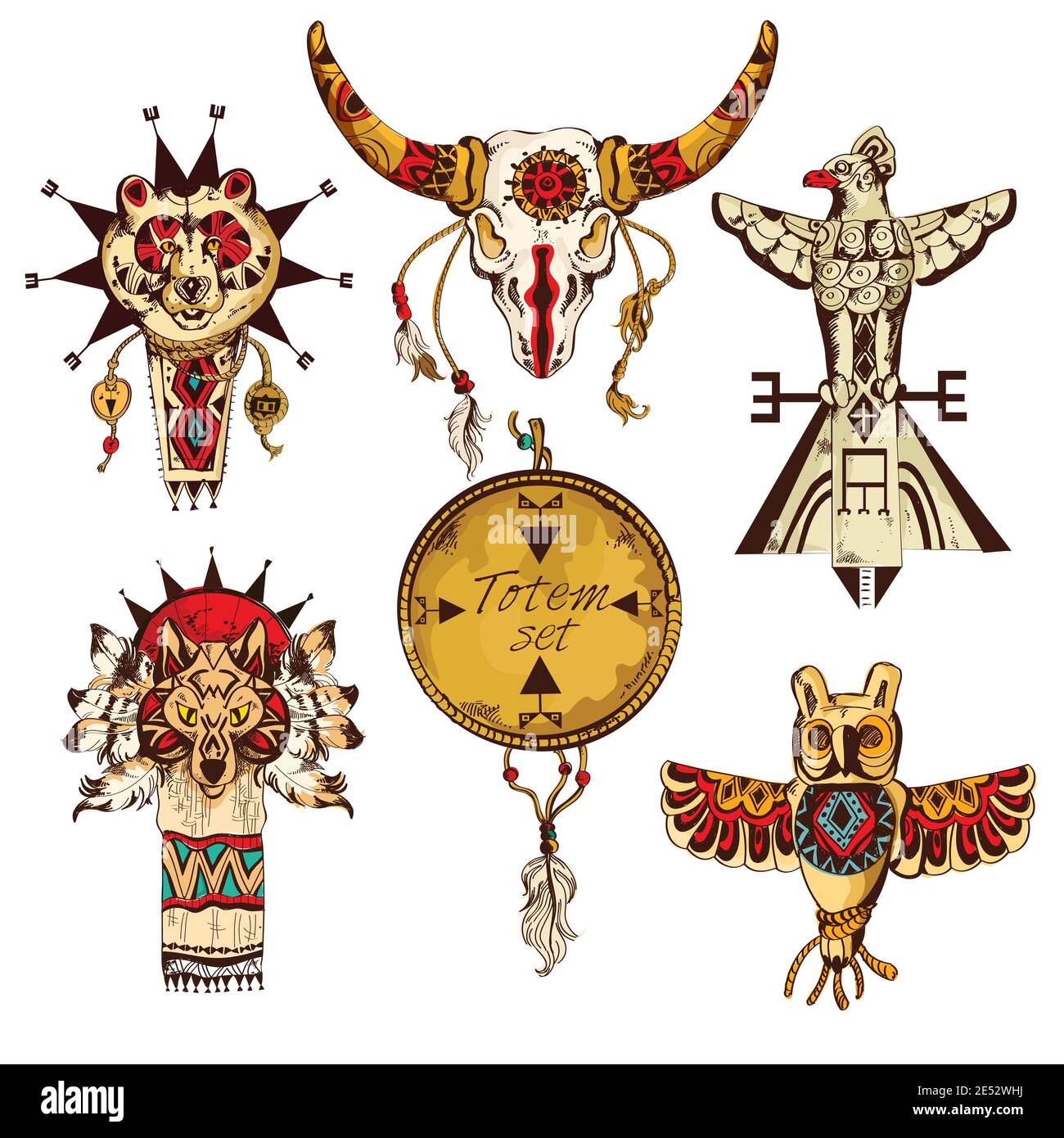 Ethnic american tribes animal totems colored sketch decorative elements ...