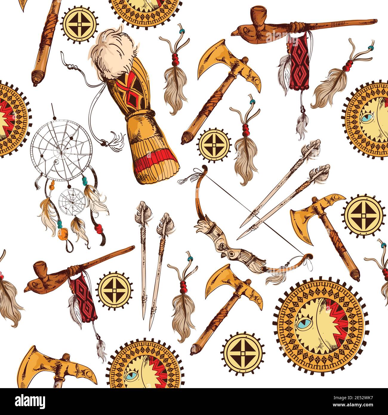 Ethnic native american indian tribes hand drawn seamless colored ...