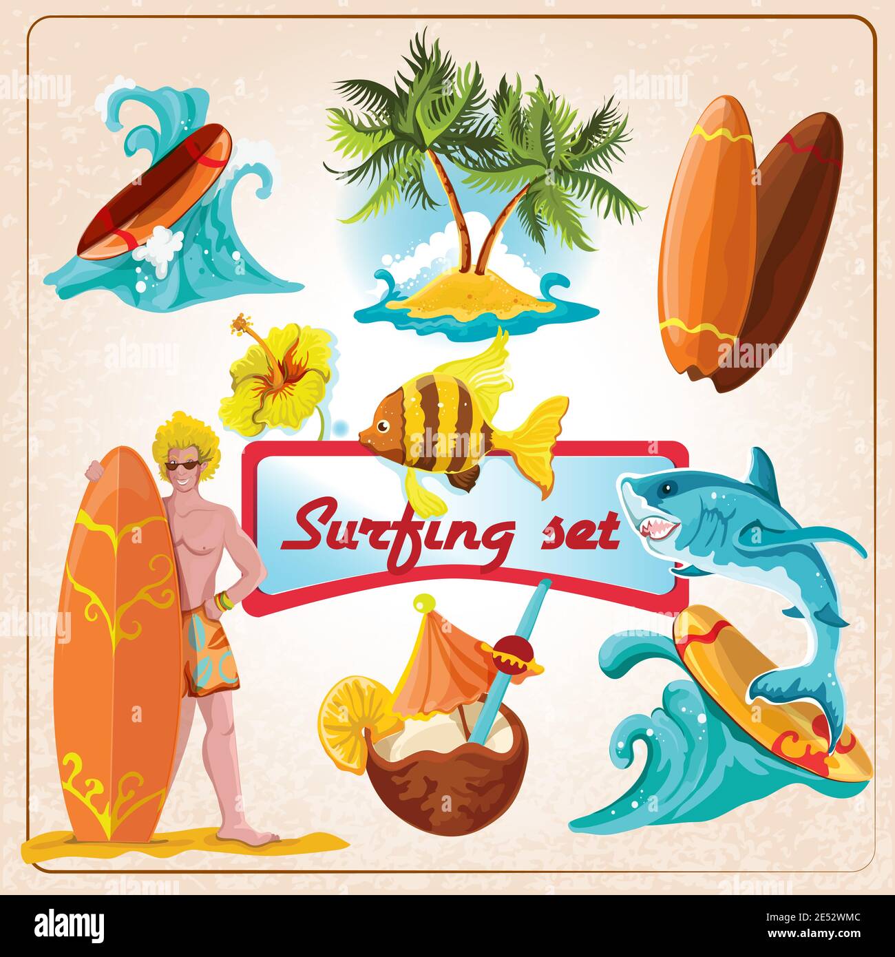 Beach surfing summer decorative elements set isolated vector illustration Stock Vector Image ...