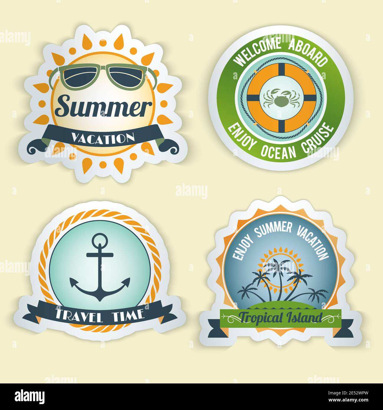 Summer sea retro vacation travel time tropical island emblems set ...