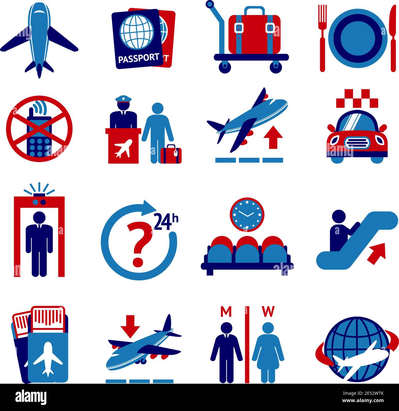 Airport travel button icons set with plane security check baggage ...