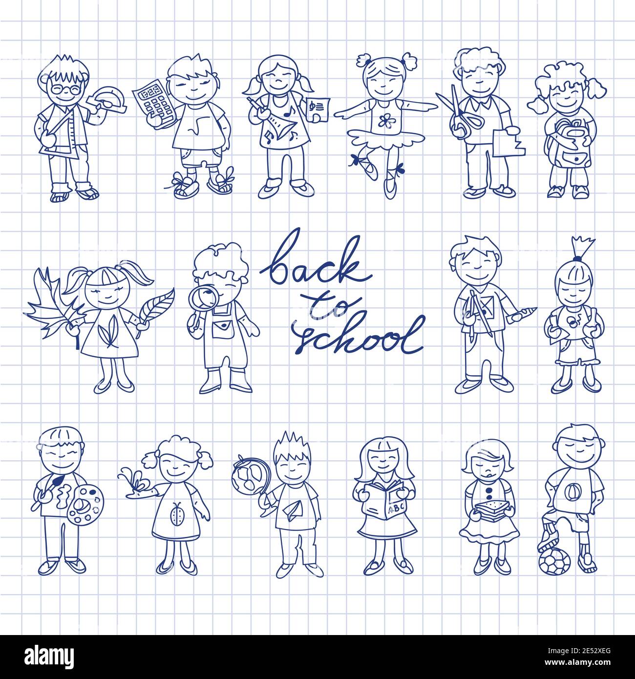 Set of carton doodle cute study education kids in color back to school ...