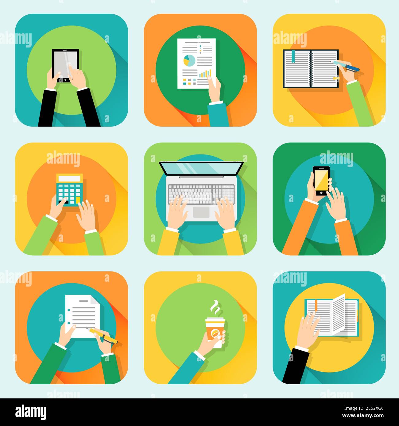 Human hands set holding touching mobile phones computer and office ...