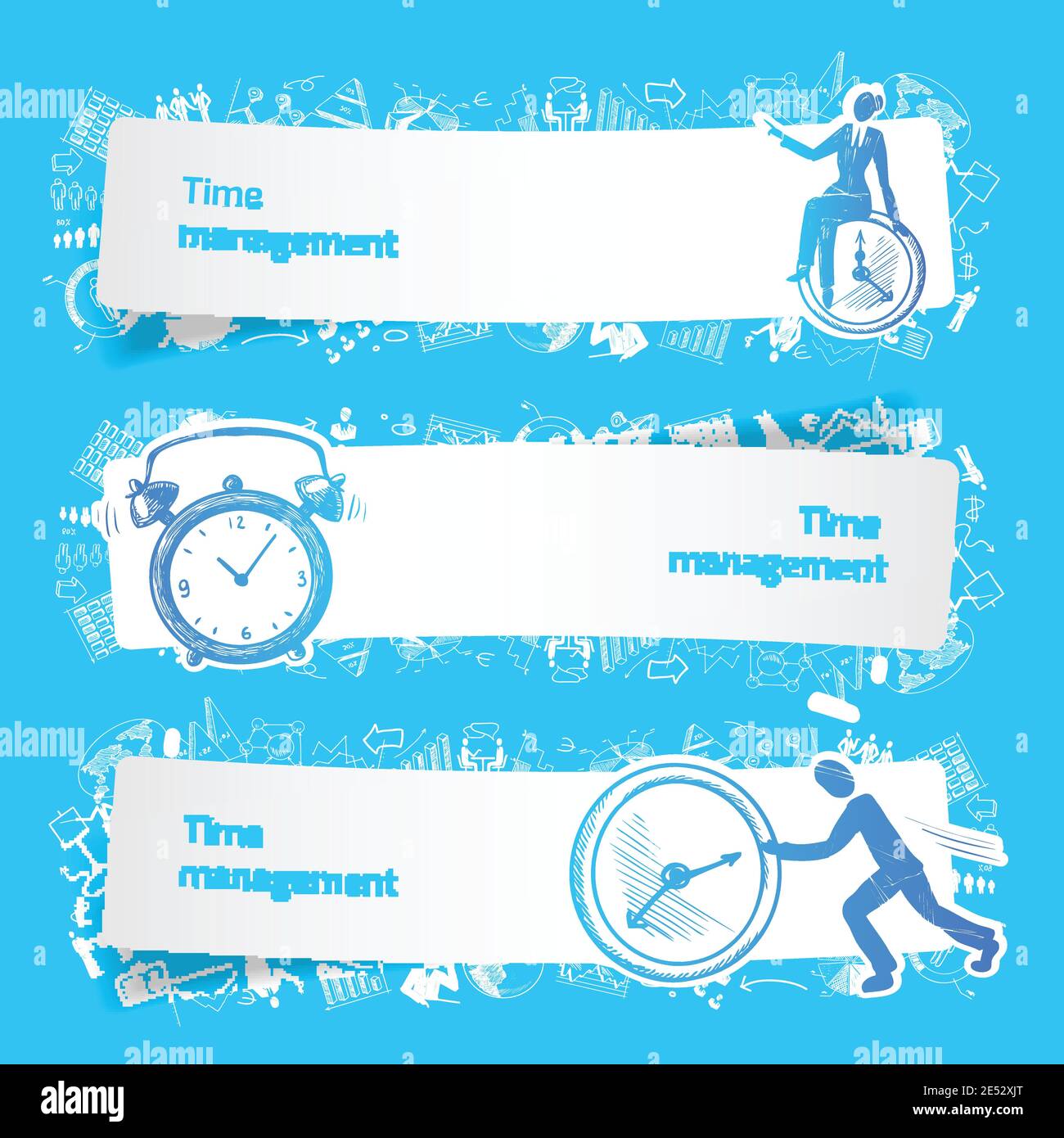 Time management set banners sketch with business people and alarm ...