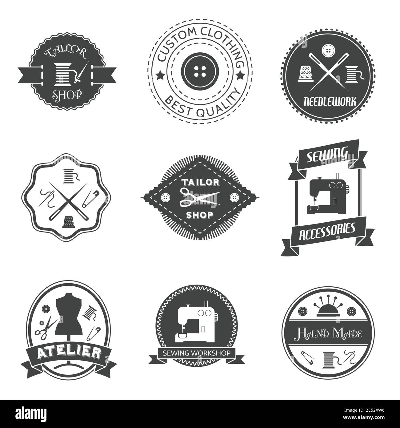 Sewing equipment atelier tailor shop label set isolated vector ...