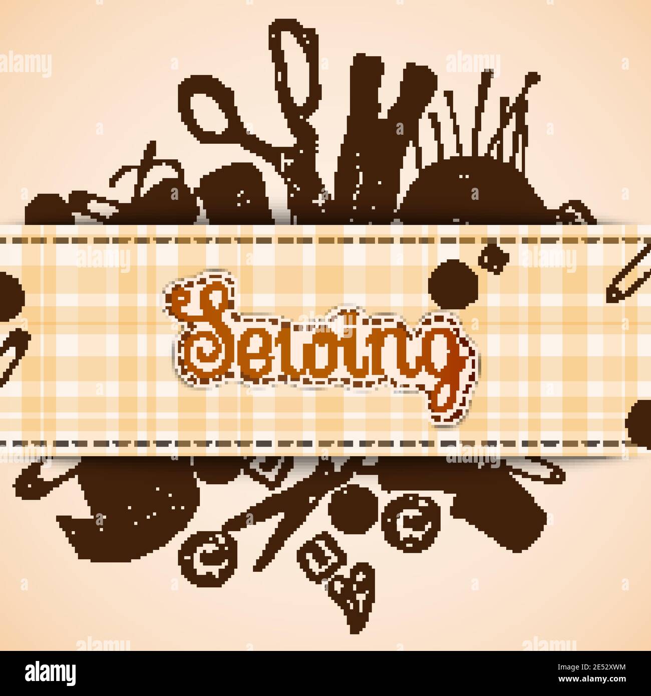 Sewing paper card with dressmaking accessories sketch background vector ...