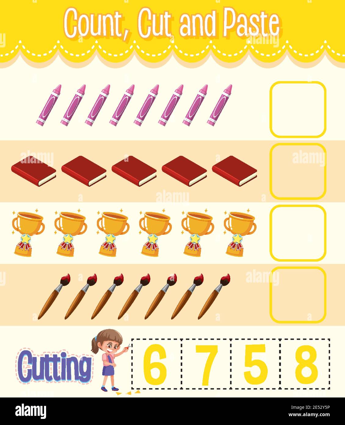 Count, Cut and Paste maths worksheet for children illustration Stock ...
