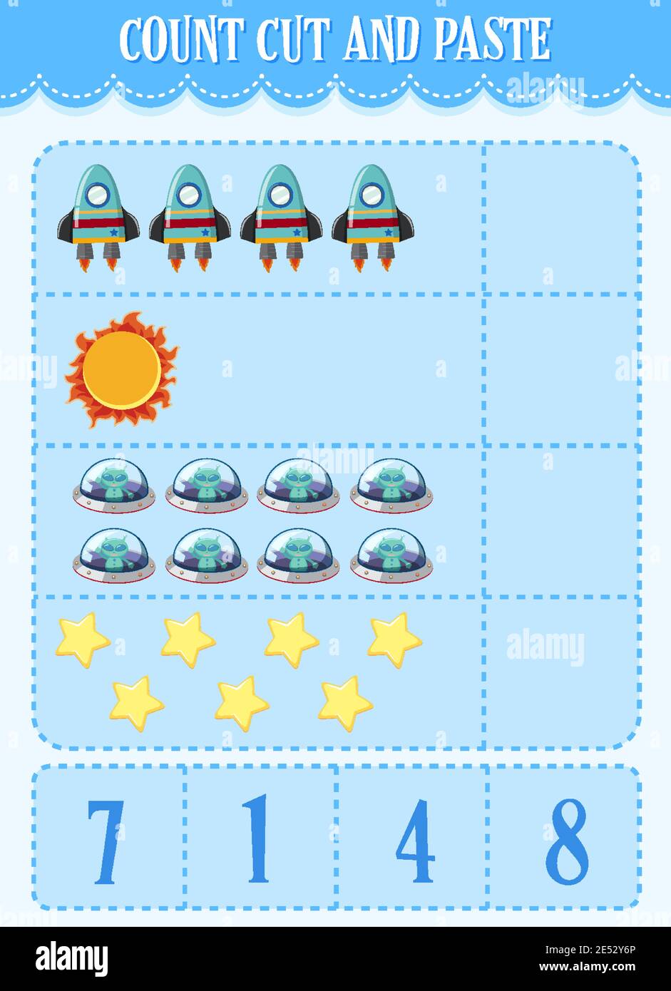 Count, Cut and Paste maths worksheet for children illustration Stock ...