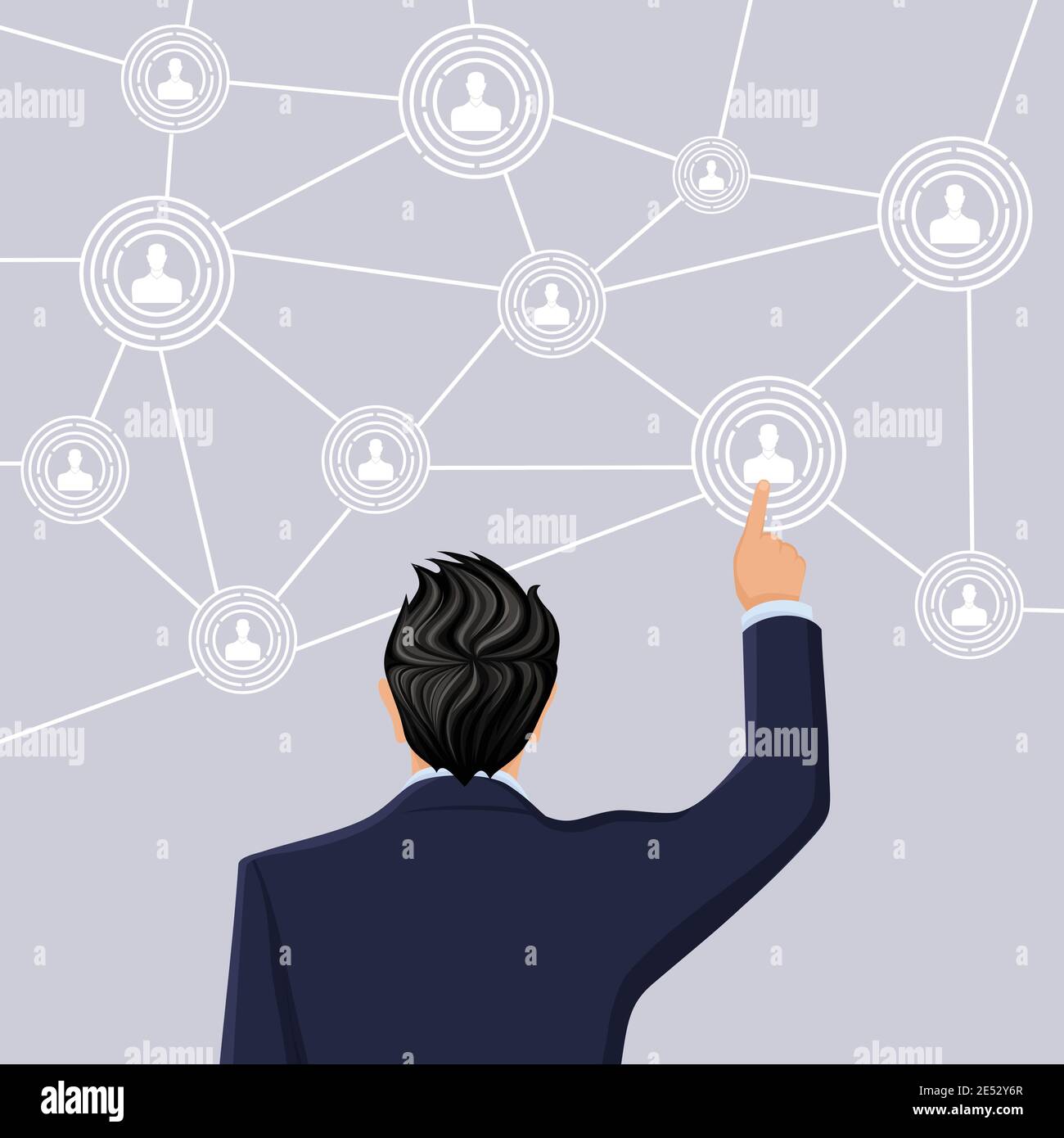 Businessman in suit half length back view hand touch screen social net ...