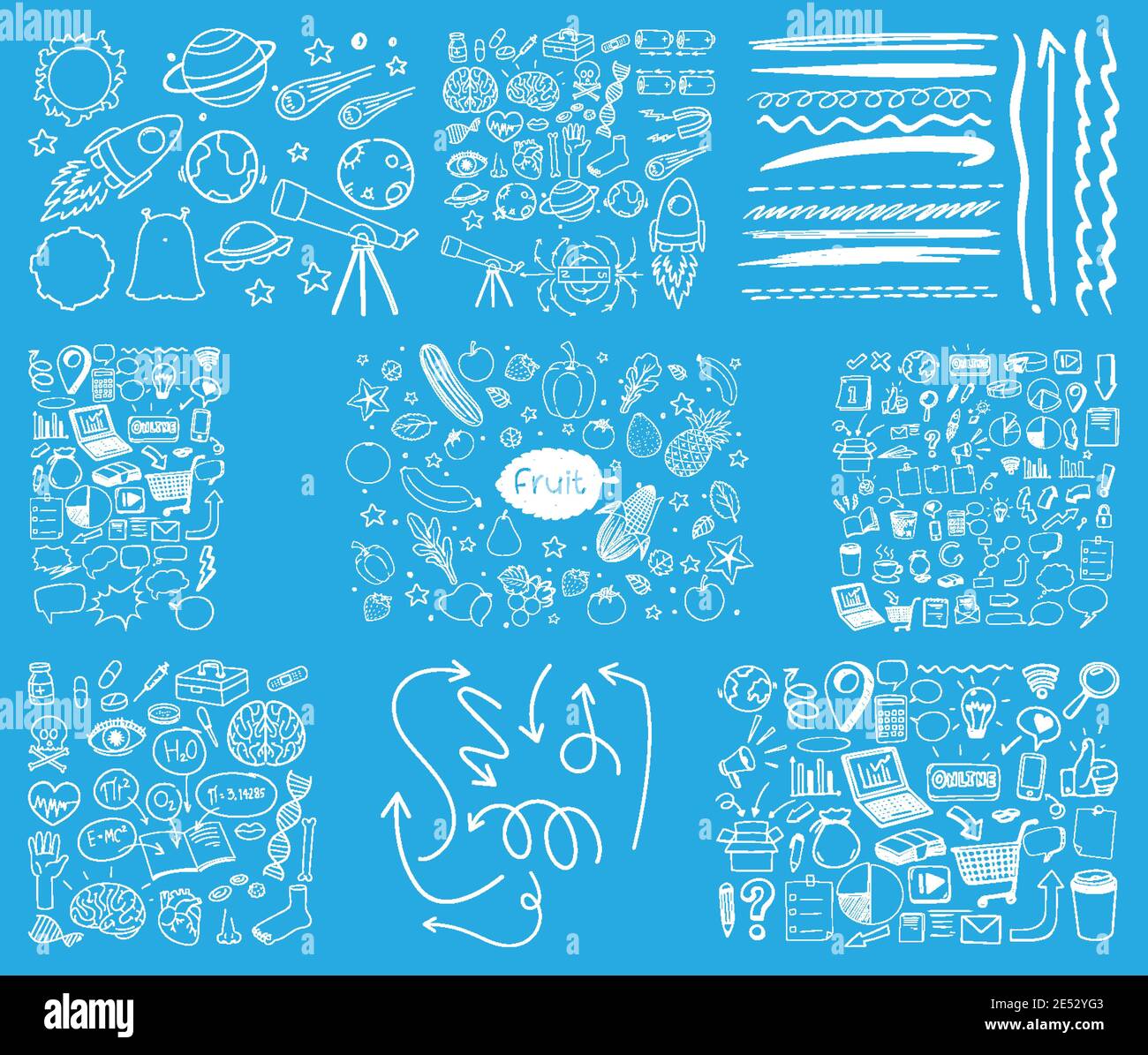Set of object and symbol hand drawn doodle on blue background ...