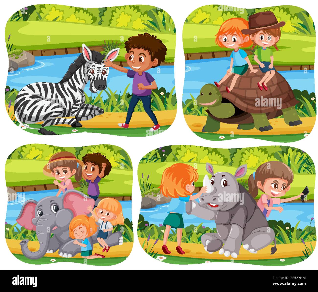 Happy kids with animals in nature background illustration Stock Vector ...