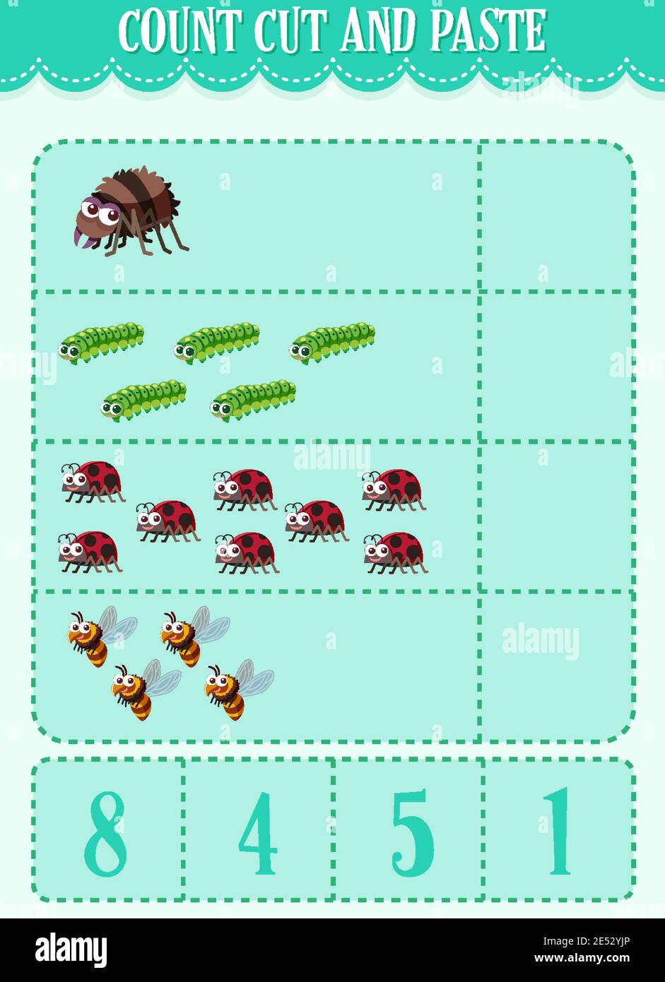 Count, Cut and Paste maths worksheet for children illustration Stock ...