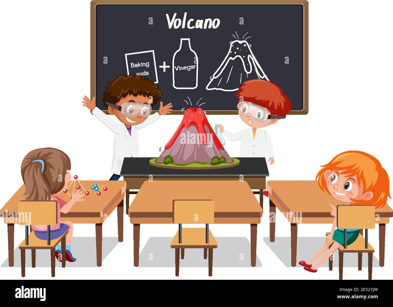 Young students doing volcano experiment in the classroom scene ...
