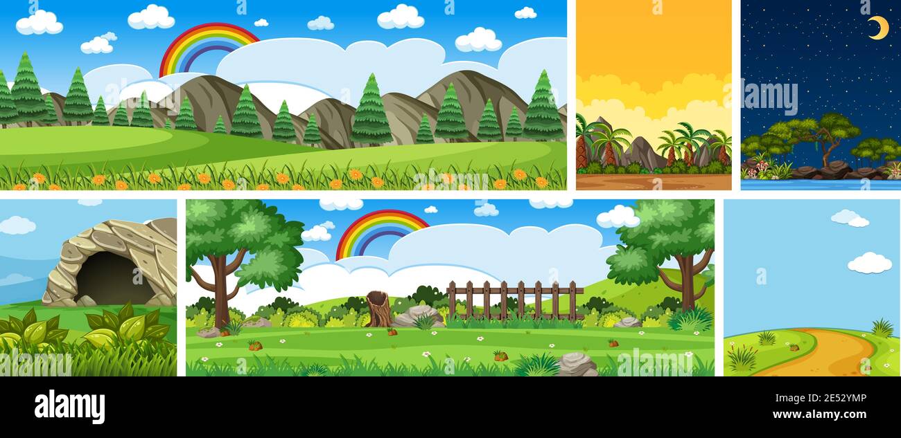 Set of different nature place scene in vertical and horizon scenes at ...