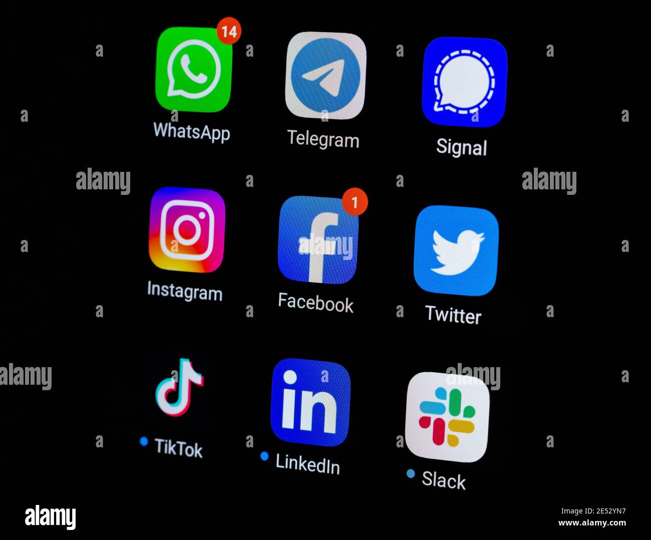 In this photo illustration the Whatsapp, Telegram, Signal, Instagram, Facebook, Twitter, Tik Tok ...