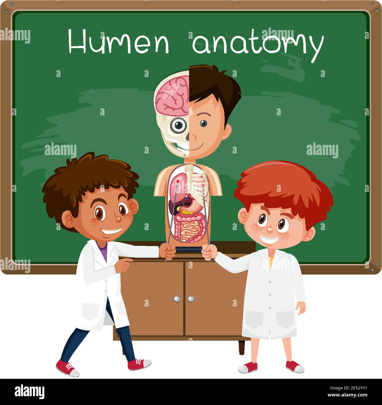 Young scientist explaining human anatomy in front of a board with ...