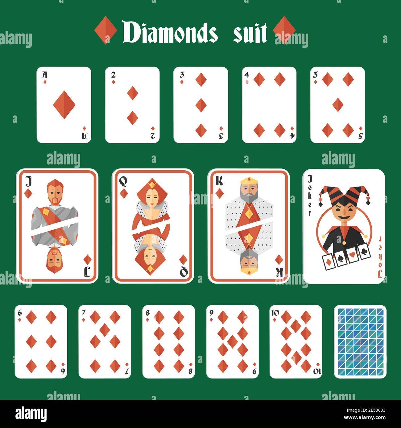 Playing cards diamonds suit set joker and back isolated vector ...