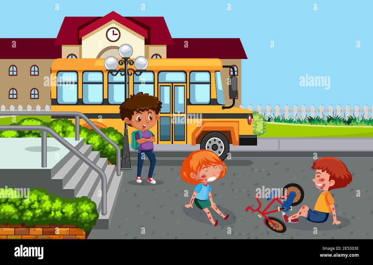 Two kids injured at cheek and arm from riding bycycle at the school ...