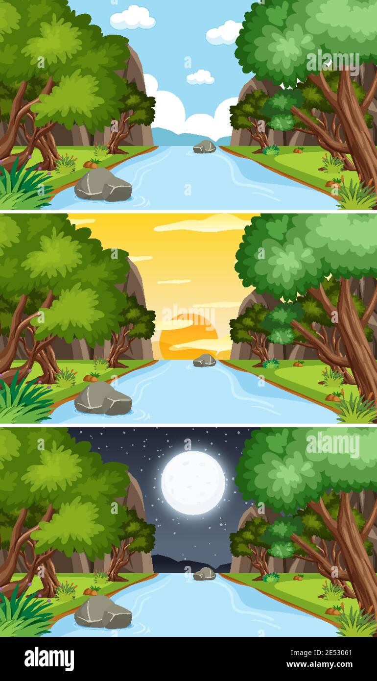 Nature landscape scene at different times of day illustration Stock ...