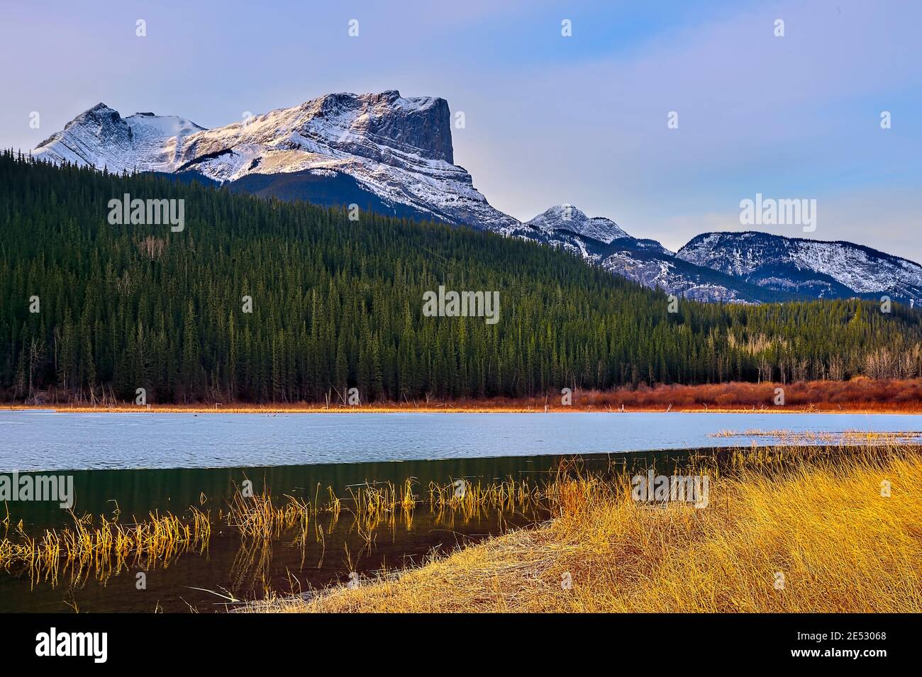 A morning landscape image of Roche Miette mountain on the east portal ...