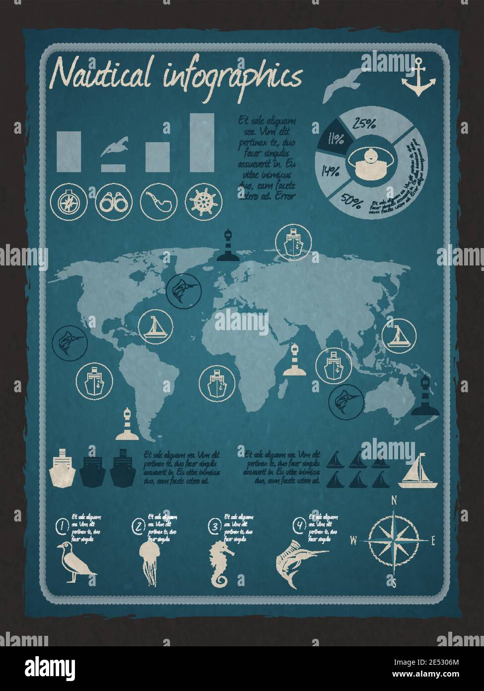 Nautical sea travel infographics set with world map and marine design ...
