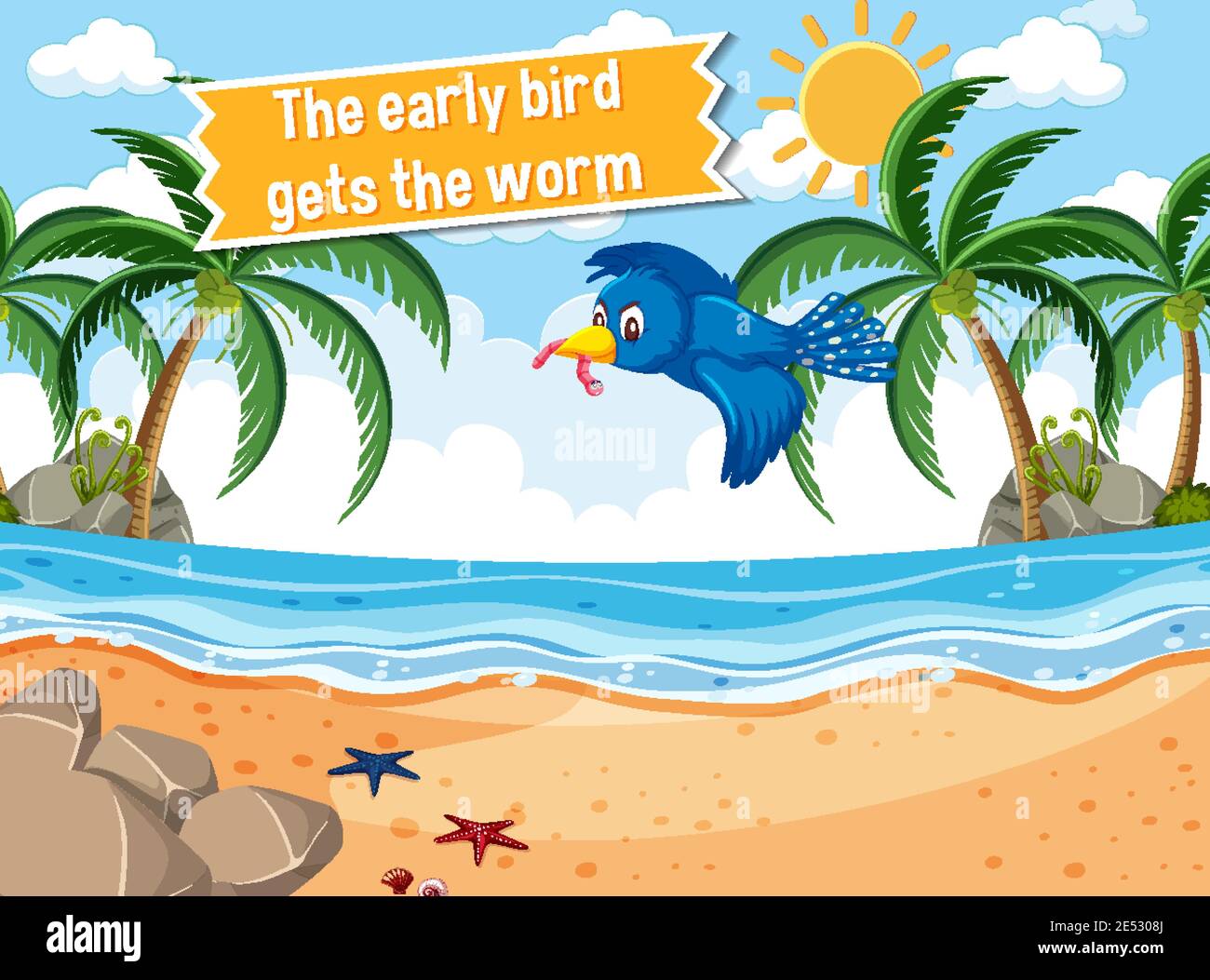 Idiom poster with The early bird gets the worm illustration Stock ...