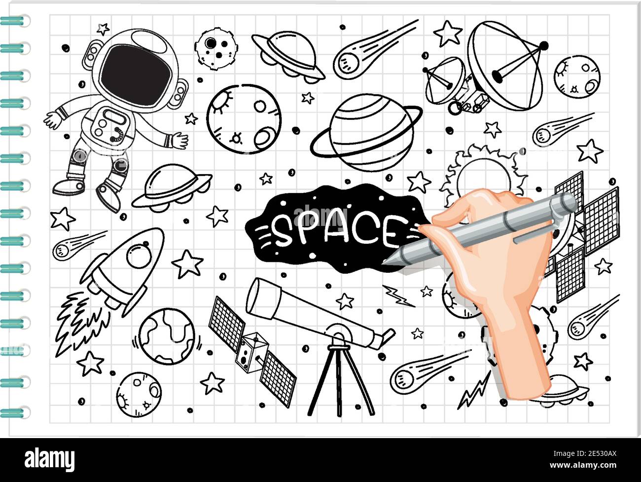 Hand drawing space element in doodle or sketch style on paper ...
