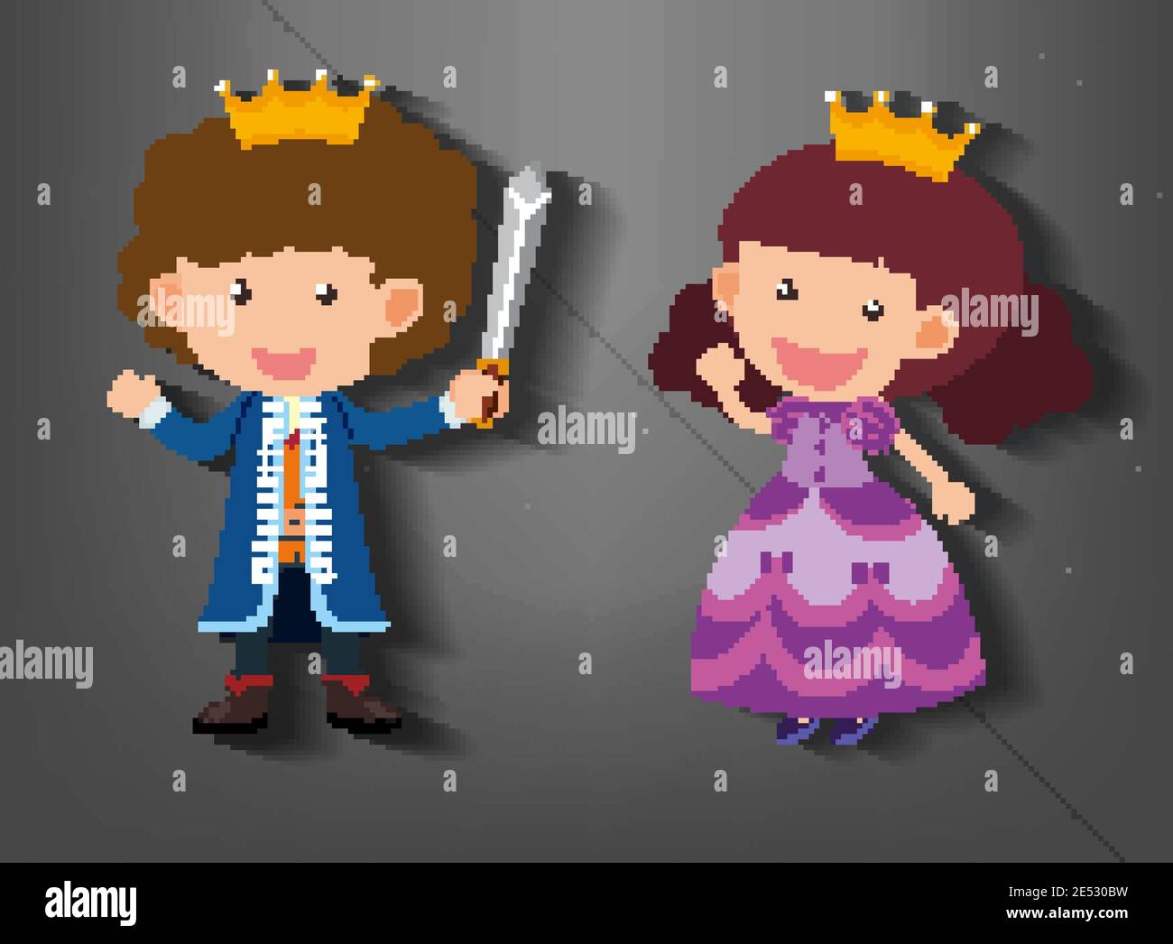 Little knight and princess cartoon character on grey background ...