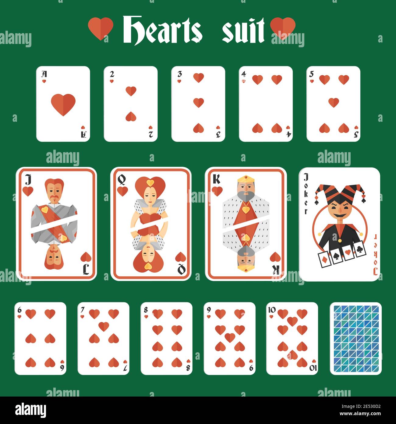 Playing cards hearts red suit set joker and back isolated vector ...