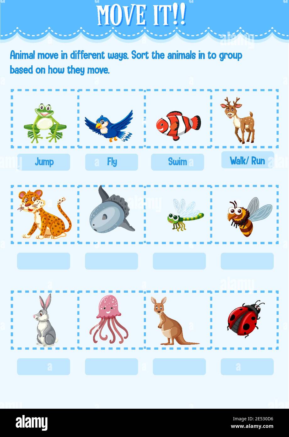 Sort The Animal Into The Group Based On How They Move Worksheet For Kindergarten Illustration 