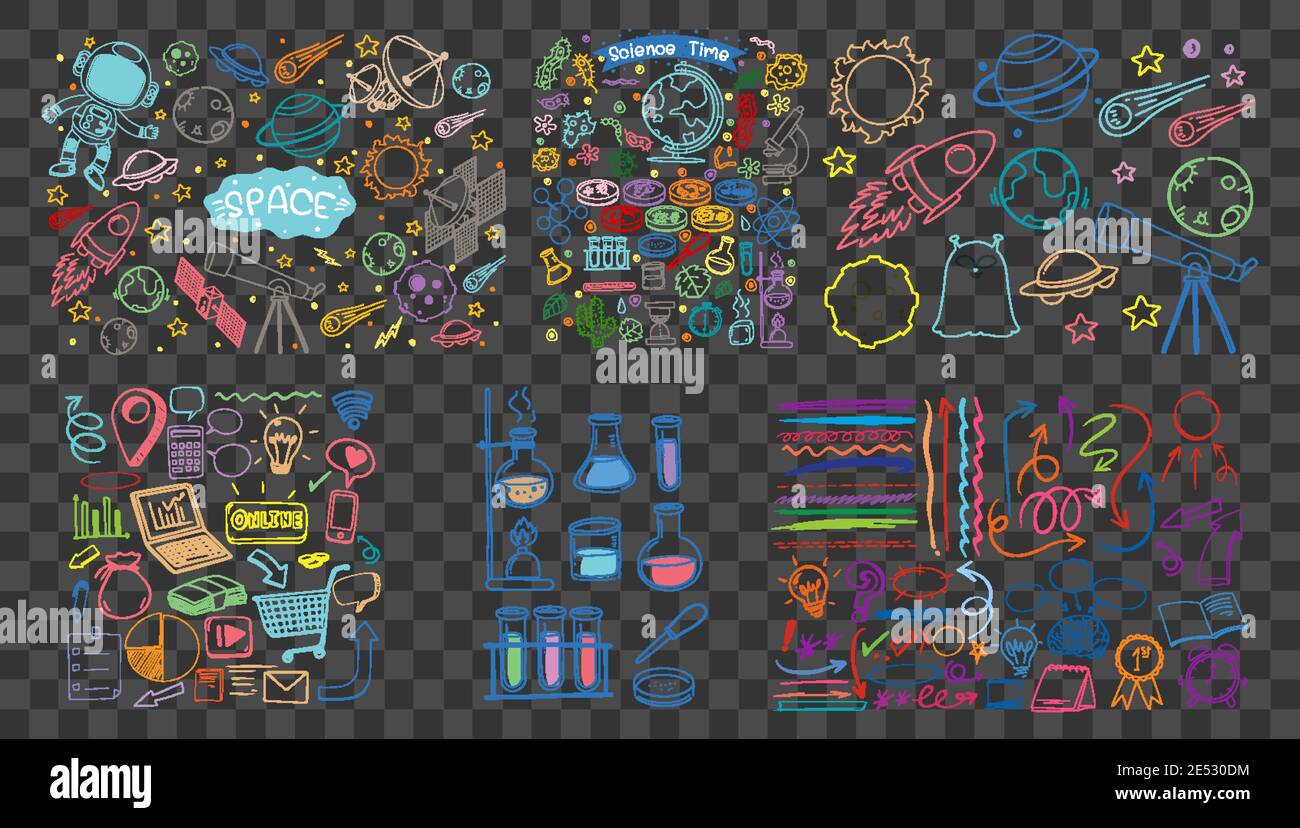 Set of colorful object and symbol hand drawn doodle on transparent ...