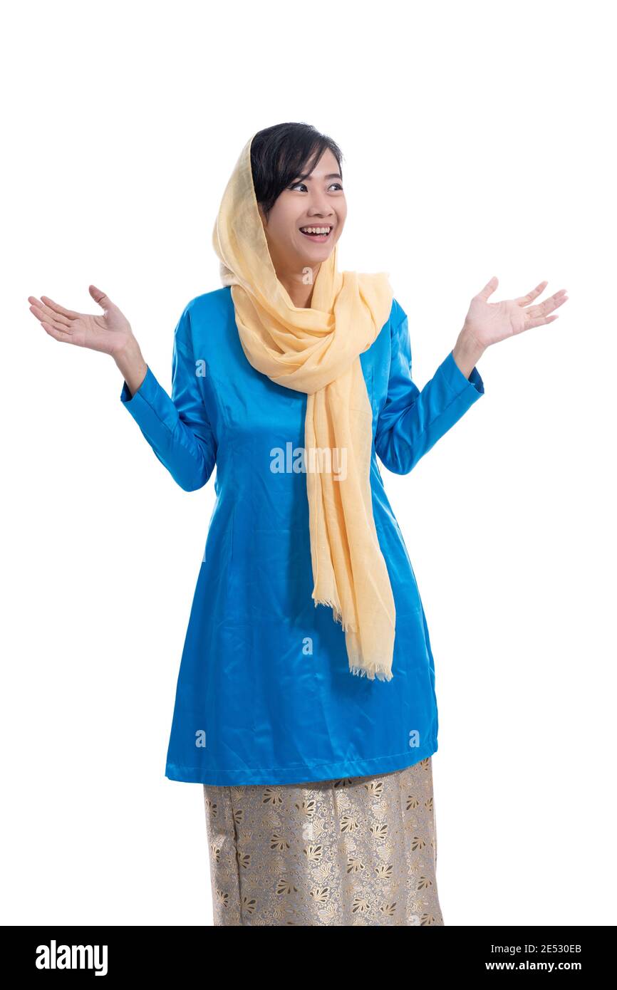 happy excited muslim woman over white background Stock Photo - Alamy