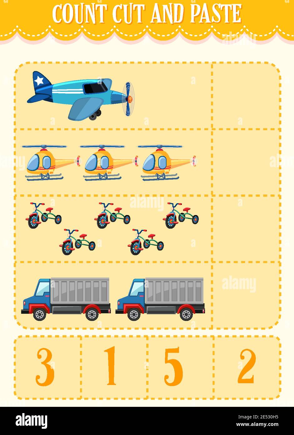 Count, Cut and Paste maths worksheet for children illustration Stock ...