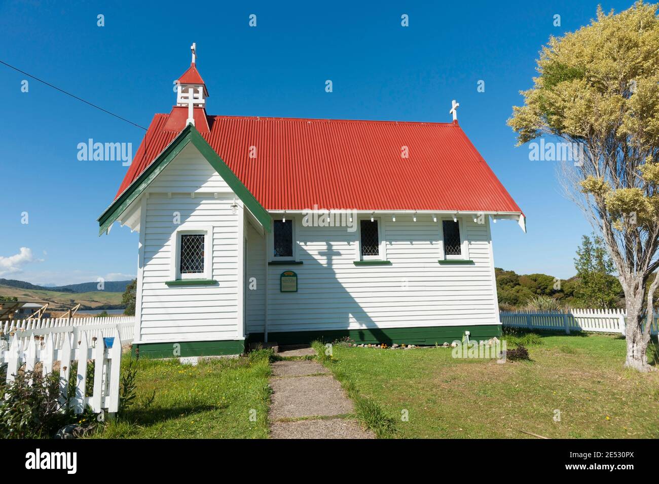 Old traditional design St Mary's Anglican Church in Waikawa with red ...