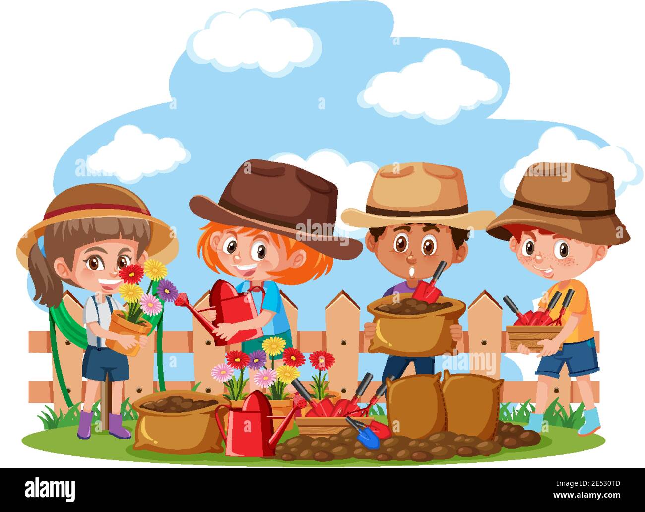 Happy kid in the garden scene illustration Stock Vector Image & Art - Alamy
