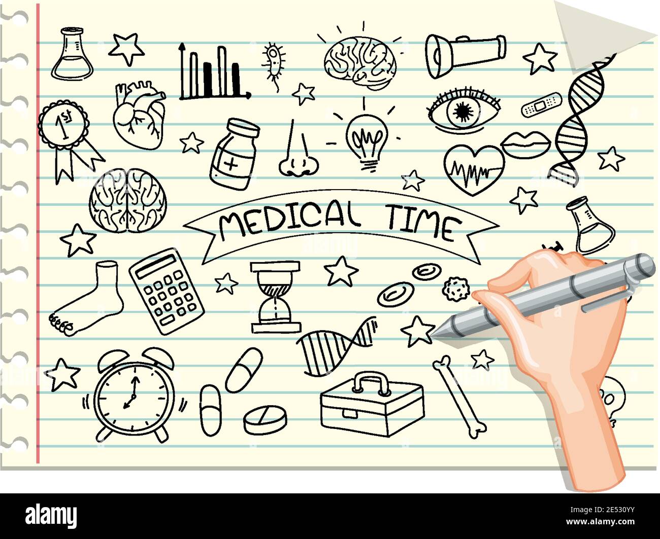 Hand drawing medical element in doodle or sketch style on notebook ...