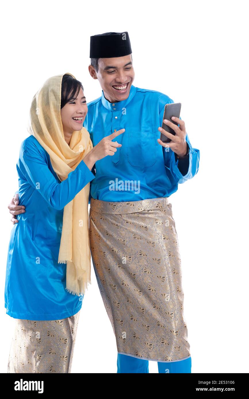 muslim couple talk to family using smartphone isolated over white ...