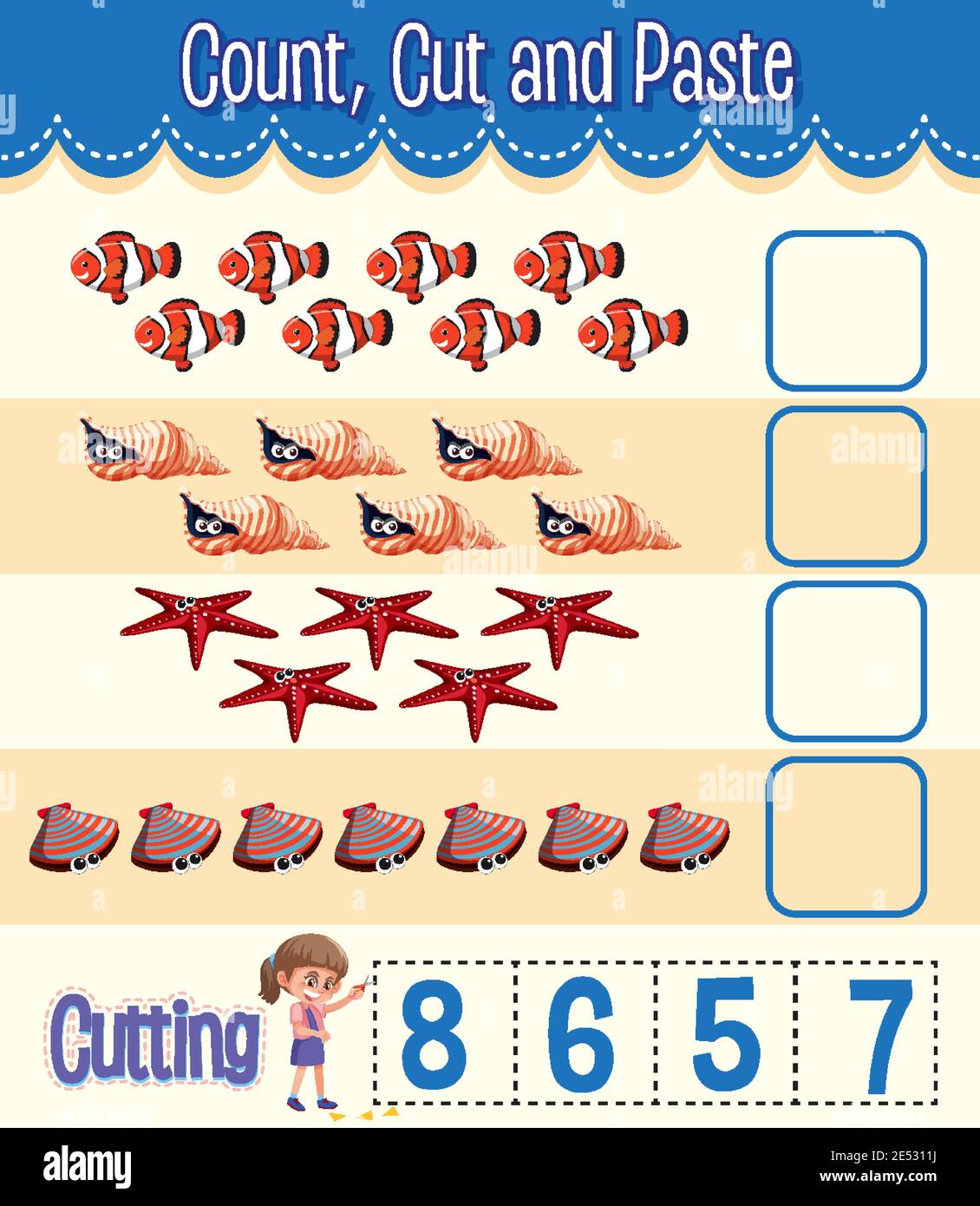 Count, Cut and Paste maths worksheet for children illustration Stock ...