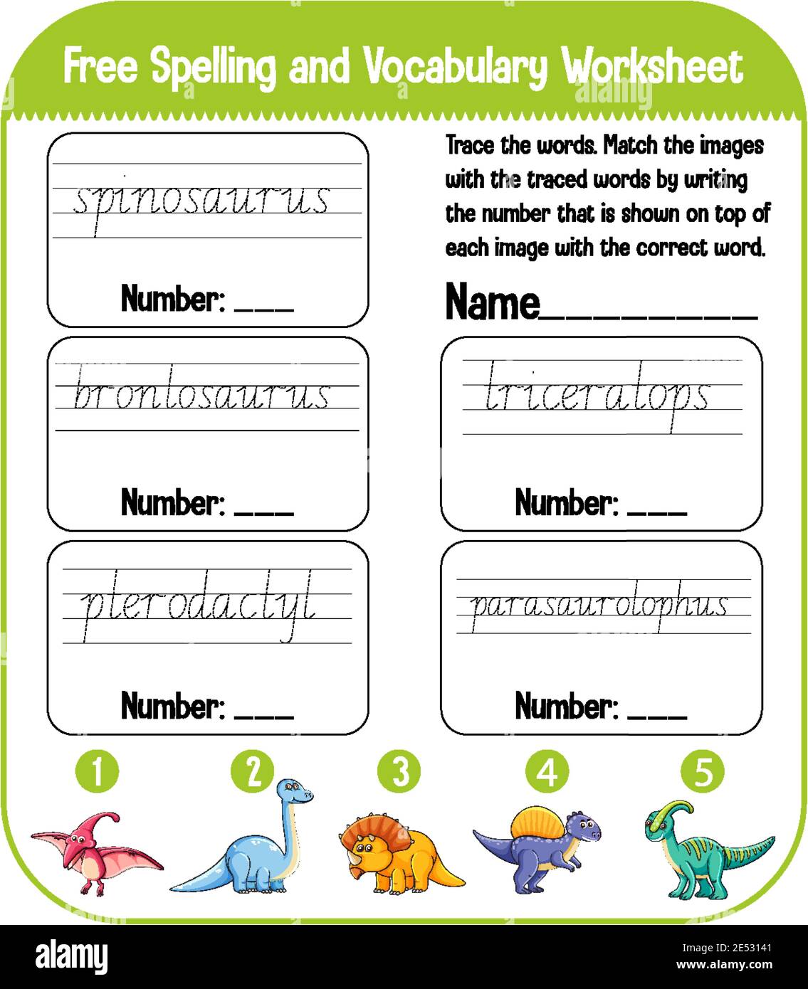 Set of spelling words dinosaur handwriting practice worksheet ...