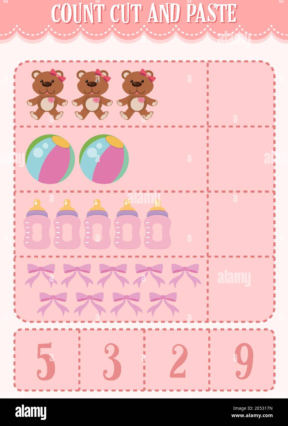 Count, Cut and Paste maths worksheet for children illustration Stock ...