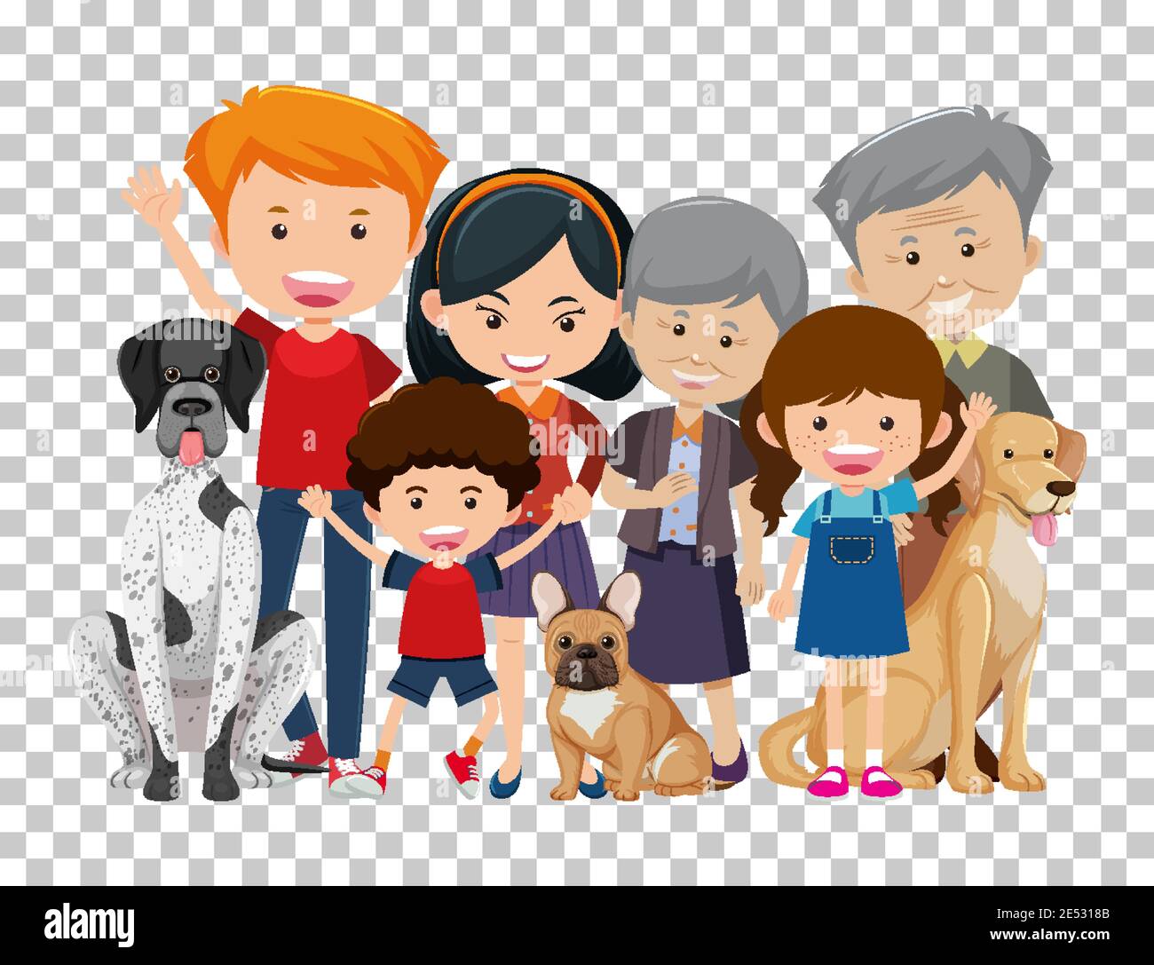 Old couple and grandchild with their pet dogs isolated on transparent ...