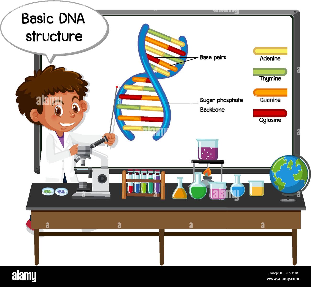 Young scientist explaining basic DNA structure in front of a board with laboratory elements ...