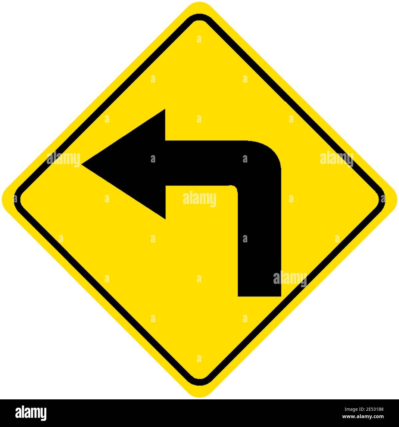 Left turn ahead yellow sign on white background illustration Stock ...